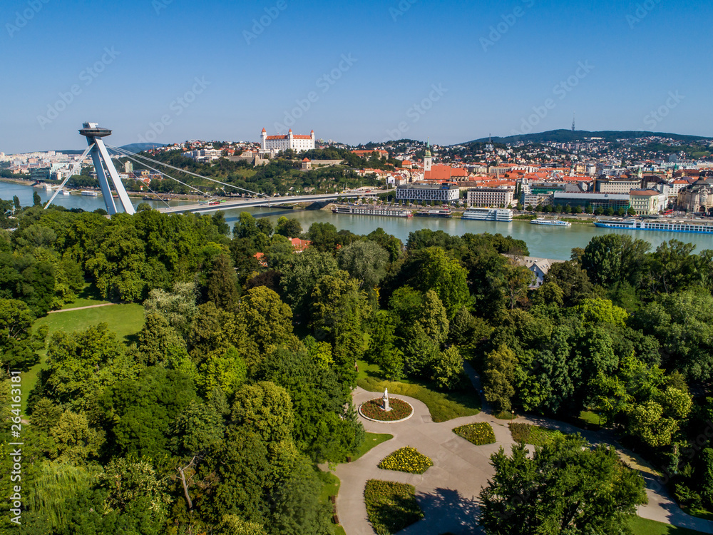 Aerial view of Slovakia capital city Bratislava with its sights. Bridge ...
