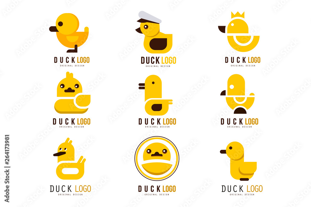 Duck logo set, design elements with yellow toy rubber duck for your own ...