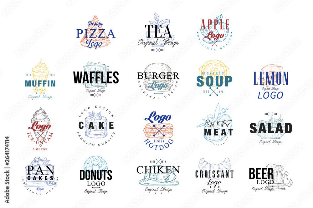 Food logo design set, muffin, waffles, burger, cake, hotdog, pancakes ...