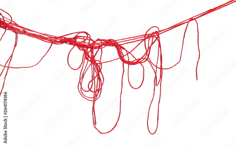 Red strings, thread isolated on white background and texture, with ...