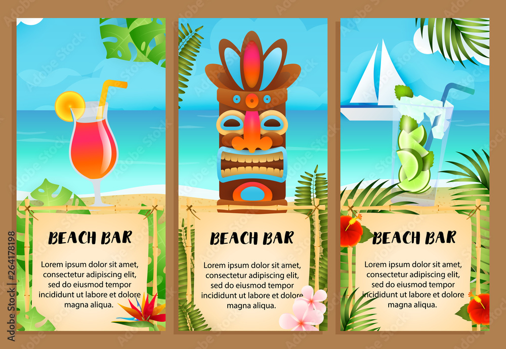 Beach Bar letterings set, cocktails and tribal mask. Tourism, summer ...