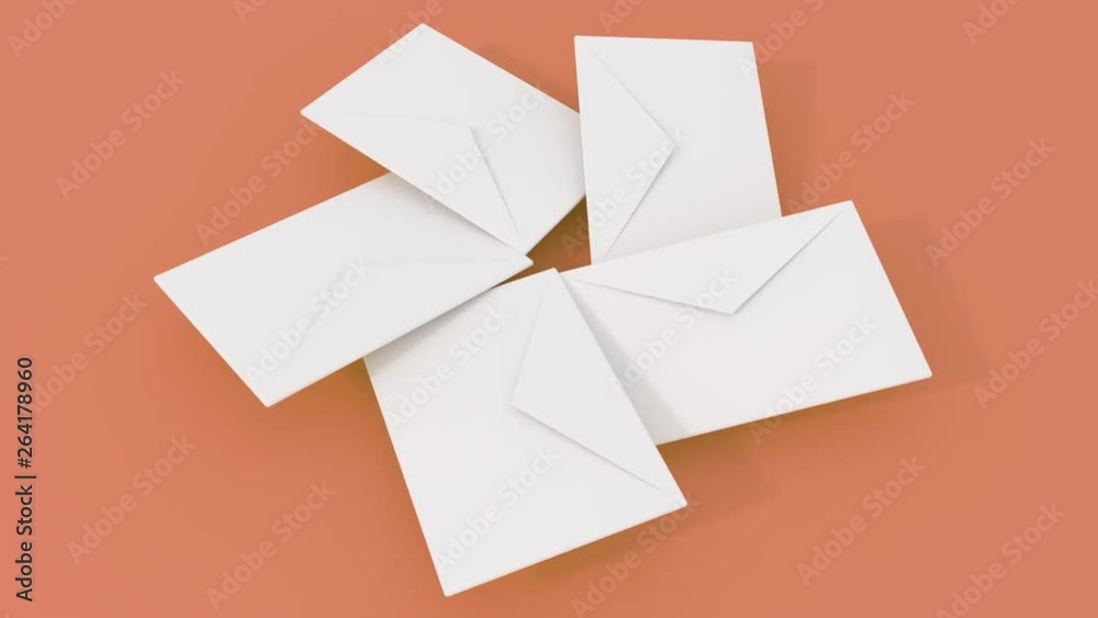 3d render animation of 5 postal letter rotating on different color ...