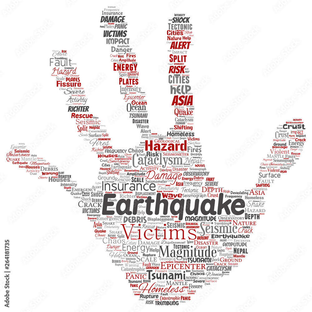 Vector conceptual earthquake activity hand print stamp word cloud ...