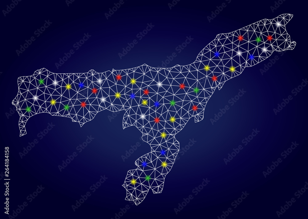Bright mesh vector Assam State map with glare light spots. Lowpoly ...