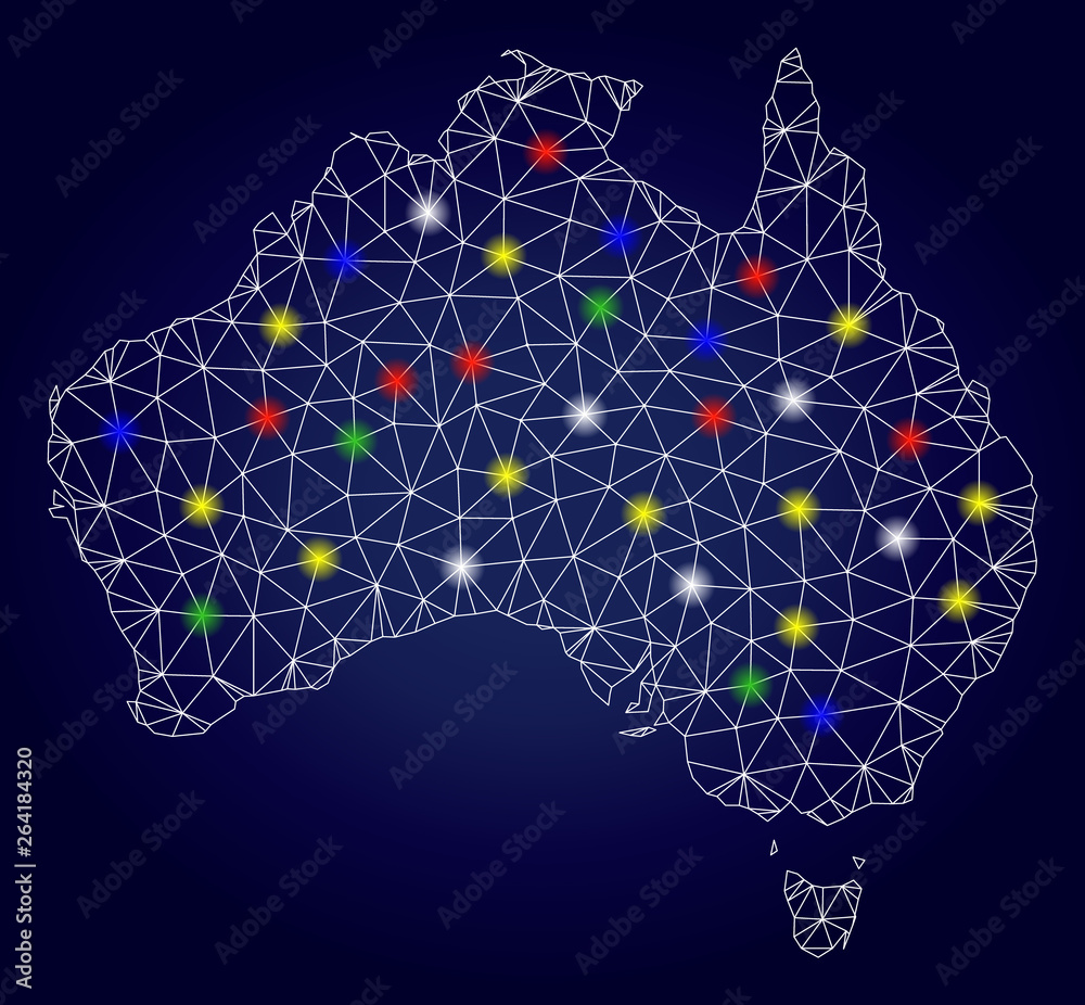 Bright mesh vector Australia map with glowing light spots. Mesh model ...
