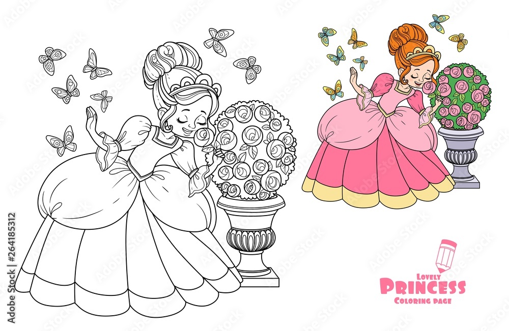 Beautiful princess sniffs a rose flower and butterflies flutter around ...