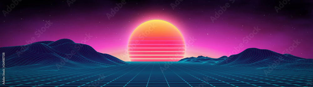 Retro background futuristic landscape 1980s style. Digital retro ...