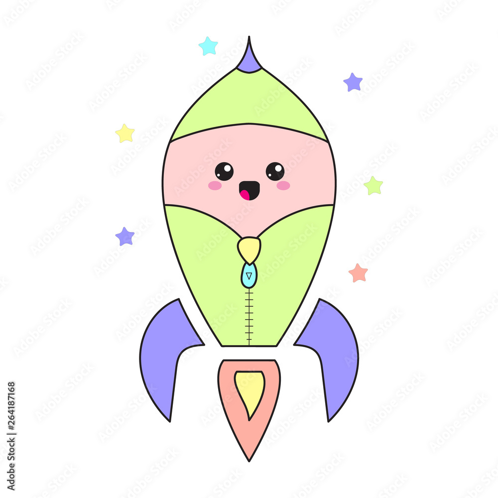 Cute kawaii rocket. Vector cartoon illustration. Isolated. Stock Vector ...
