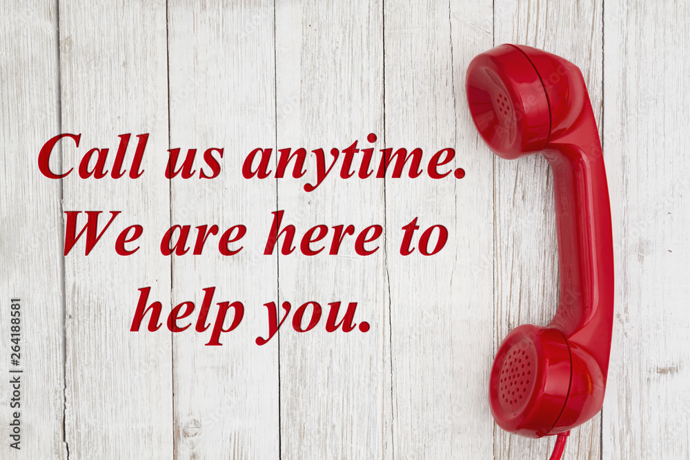 Call us anytime we are here to help text with retro red phone handset ...