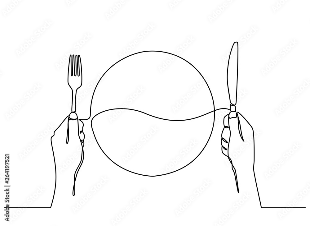 continuous line drawing of top view of the plate with hands holding a ...