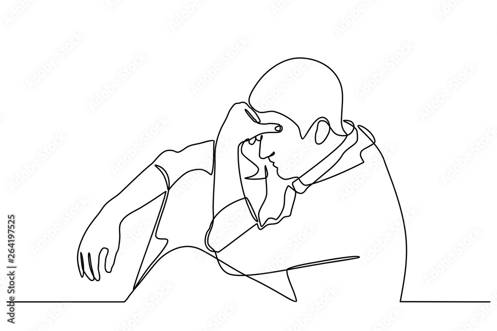 Continuous line drawings of young men feeling sad, tired and worried ...