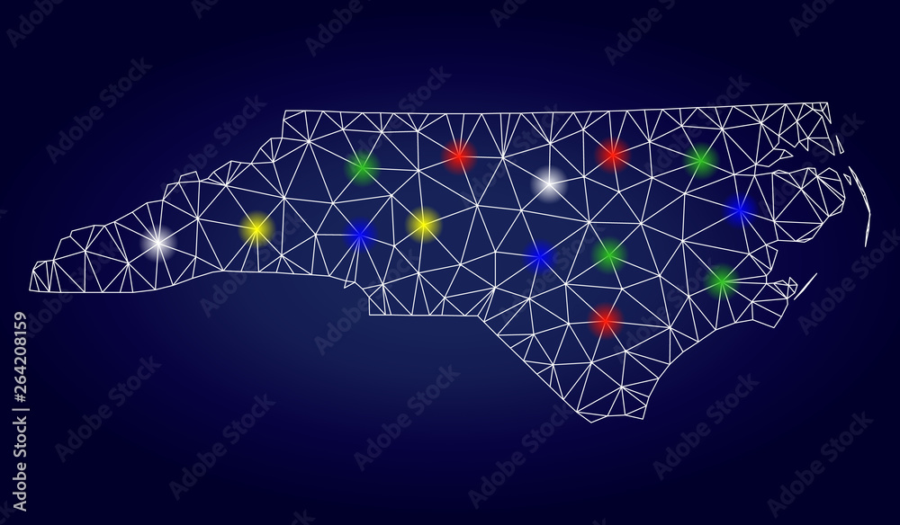 Bright mesh vector North Carolina State map with glare light spots ...