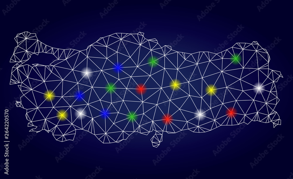 Bright polygonal vector Turkey map with glowing light spots. Mesh model ...