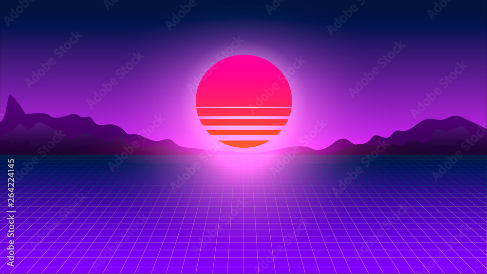 Futuristic cyberpunk neon sunset . Light and grid, retrowave 80s-90s ...