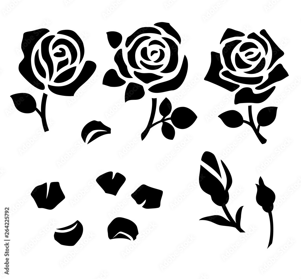 Vector roses, petals and buds. Set of decorative flower silhouettes ...