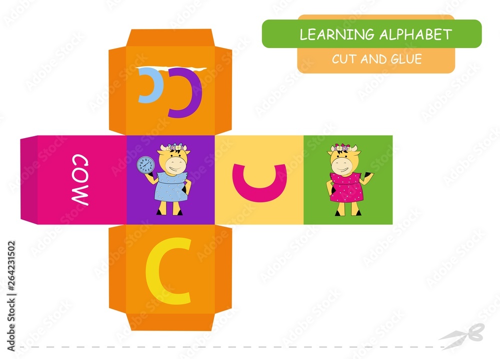 Сut and glue the cube: Letter C. Educational game for kids. Cute zoo ...