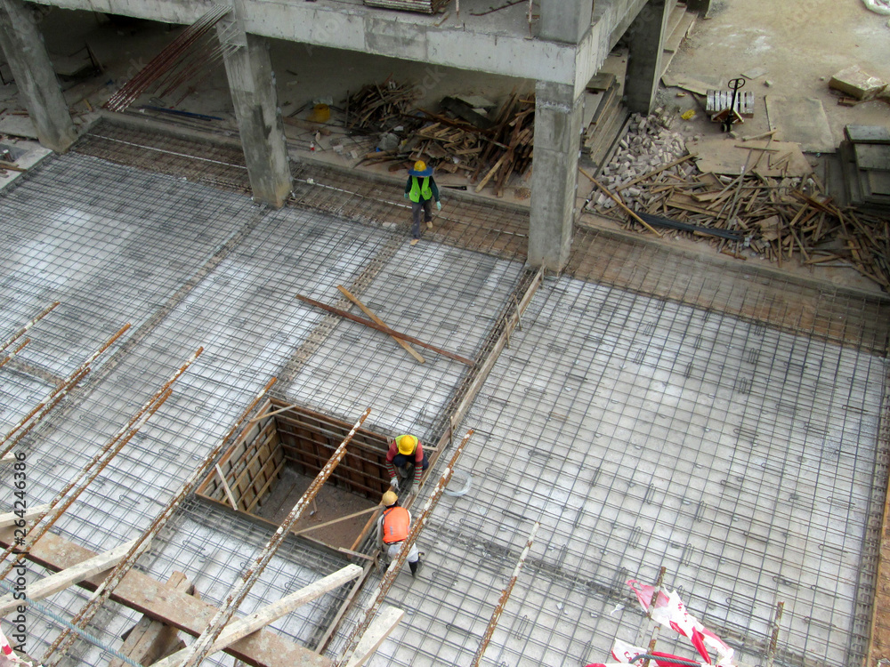 Floor slab and beam reinforcement bar under fabrication at the ...