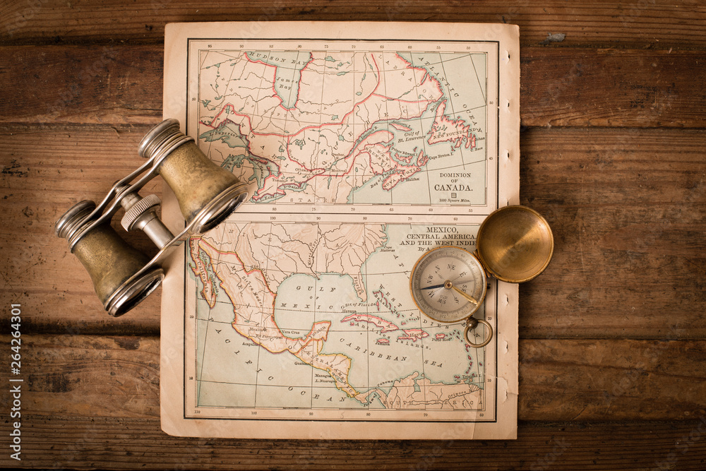 Binoculars and Compass on 1870 Map of Mexico, Central America and ...