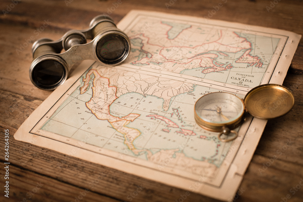 Binoculars and Compass on 1870 Map of Mexico, Central America and ...