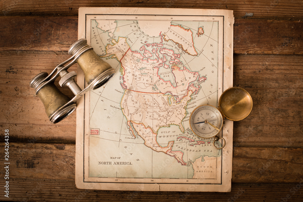 Binoculars and Compass on 1870 Map of North America – World Travel ...