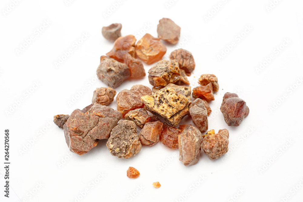 Amber. Many pieces of different types of fossil amber resin on a white ...