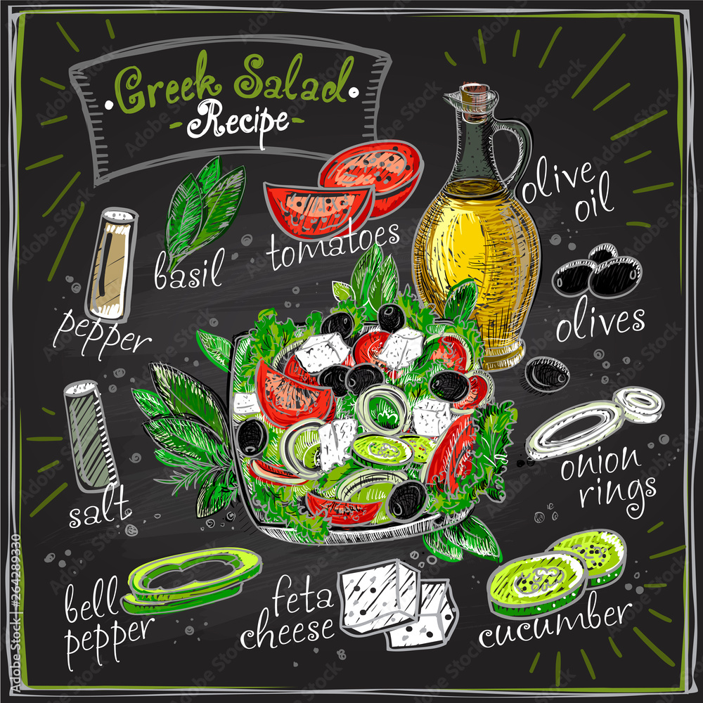 Greek salad recipe chalkboard design, salad menu with ingredients Stock ...
