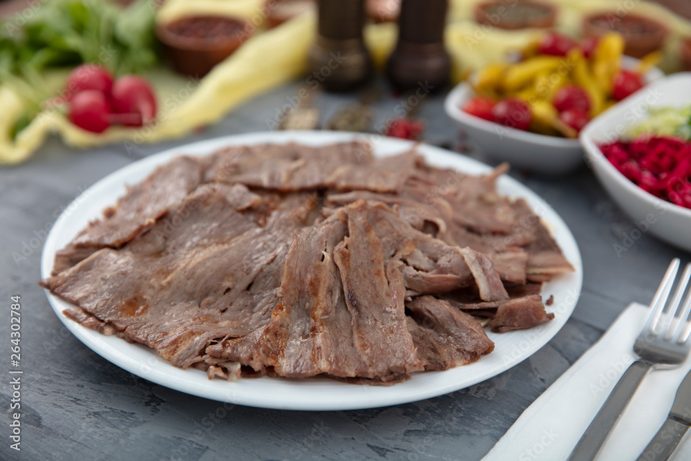 Turkish Doner Kebab on plate. Arabic traditional doner with pita bread ...