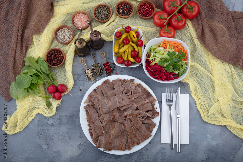 Turkish Doner Kebab on plate. Arabic traditional doner with pita bread ...