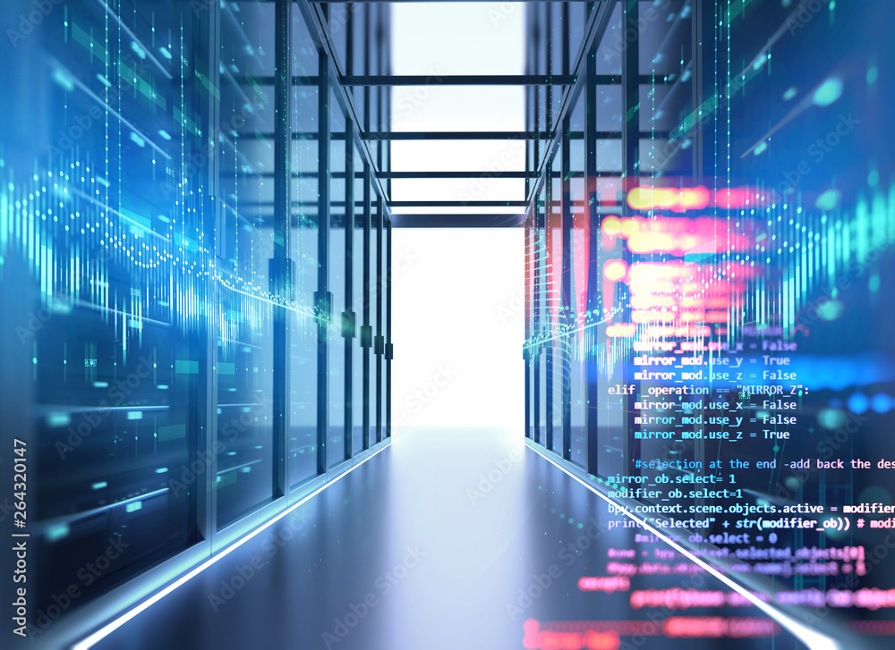 Corridor of server room 3d illustration with node base programming data design element. Stock ...