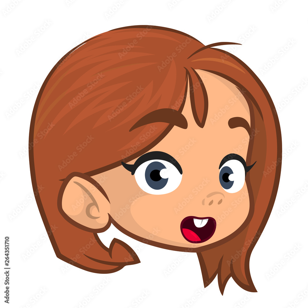 Cartoon pretty girl face avatar. Surprised funny expression. Vector ...