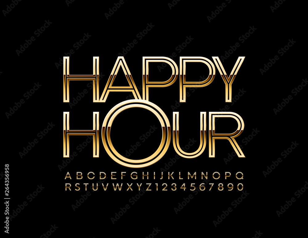 Vector golden sign Happy Hour with Uppercase Font. Modern luxury ...