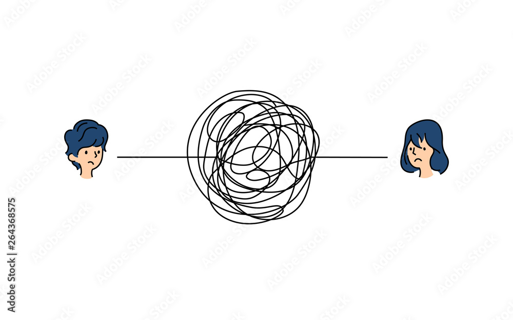 complicated couple relationship problem illustration. sad boy and girl ...