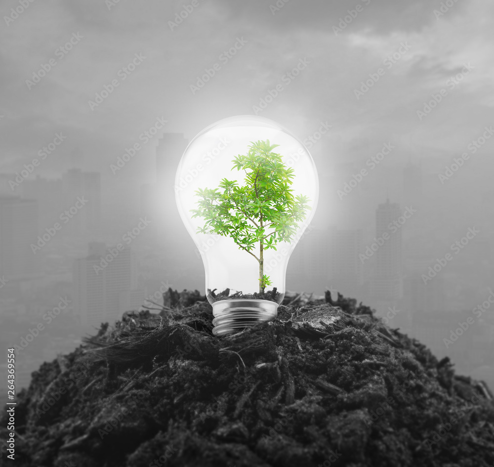 Light bulb with tree inside on pile of soil over pollution city tower ...