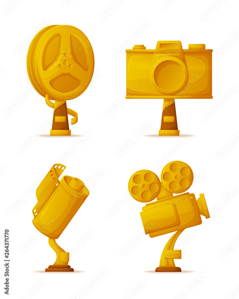 Gold awards or prizes, photo and video camera shape vector. Film reel ...
