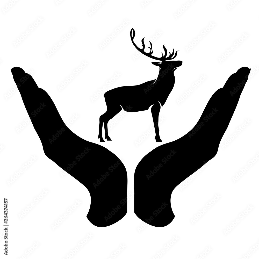 Vector silhouette of a hand in a defensive gesture protecting a deer ...