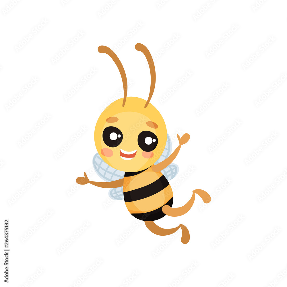 Cartoon humanized bee flies. Vector illustration on white background ...