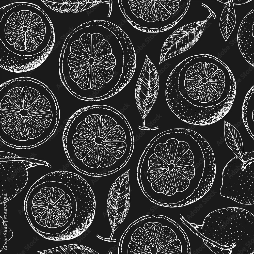 Vector hand drawn lemon seamless pattern on black background. Citrus ...
