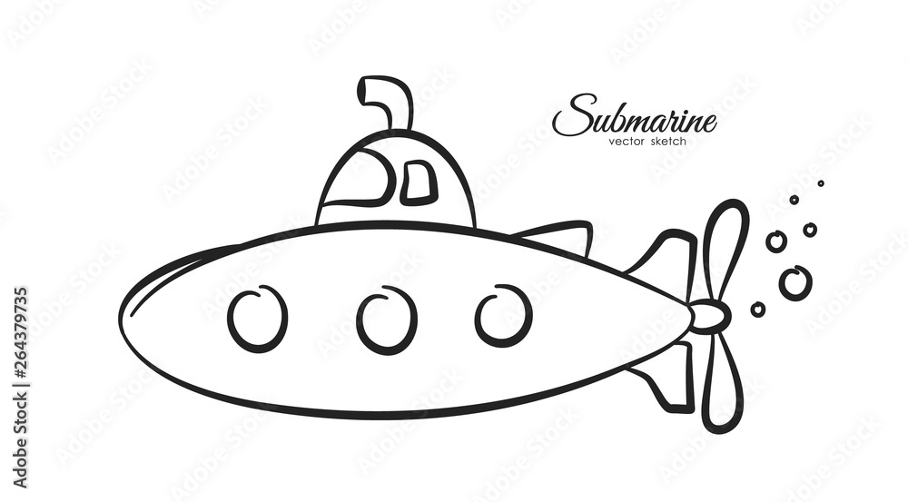Hand drawn cartoon submarine on white background. Sketch line design ...