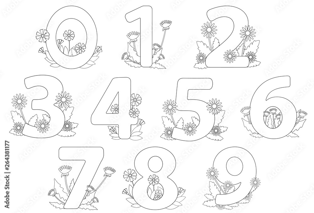 Numbers from zero to nine with flowers, leaves and butterfly. Coloring ...
