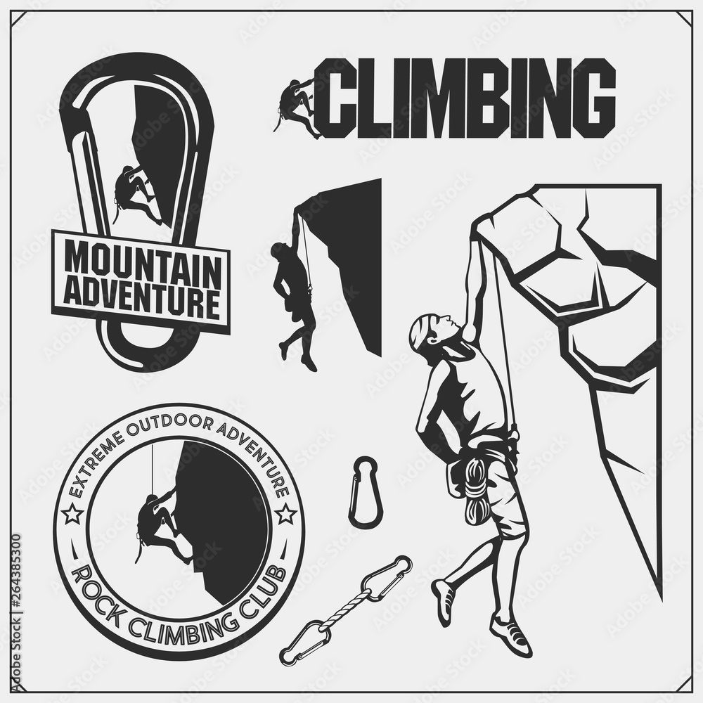 Set of mountain climbing labels, emblems and design elements. Vector ...