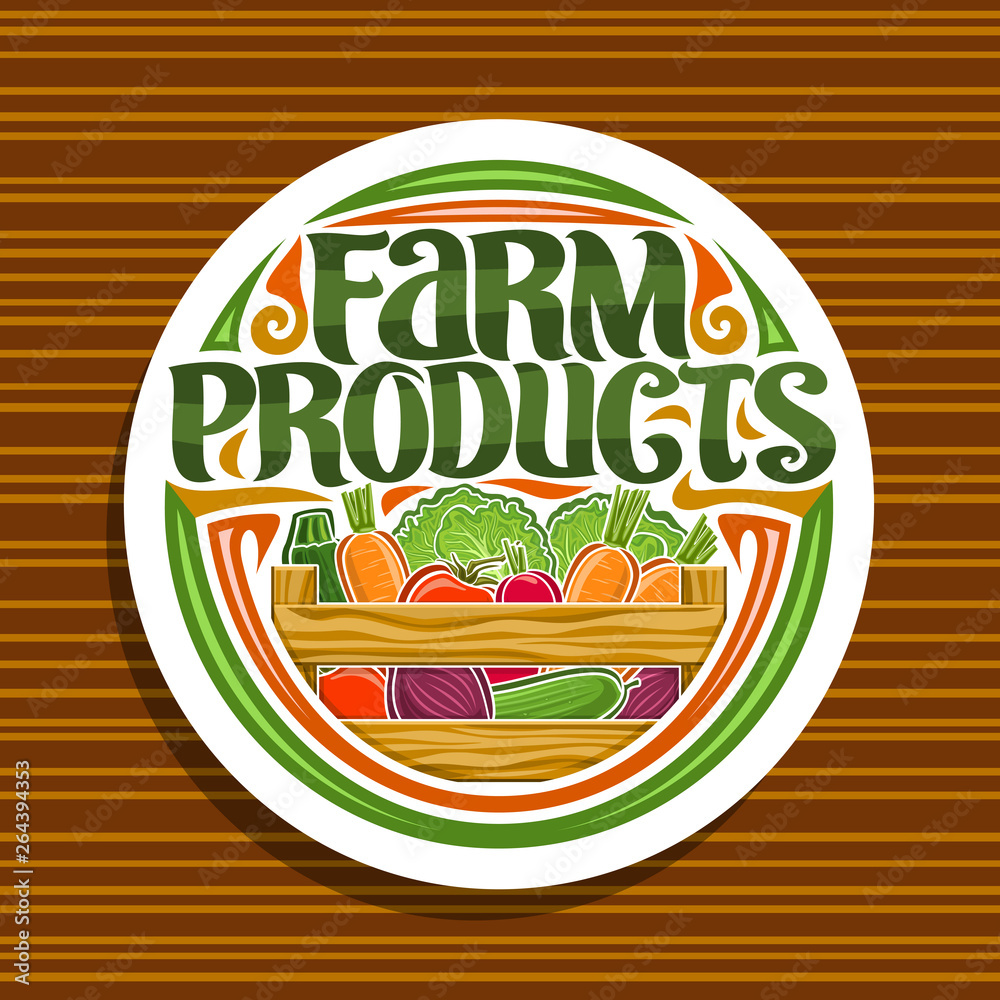 Vector logo for Farm Products, white signage with heap of zucchini, raw ...
