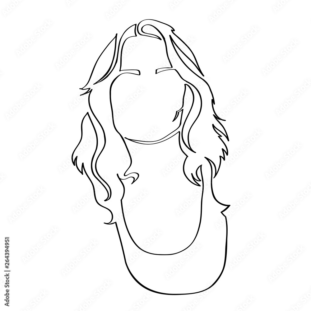 Fashion illustration of girl with long curly hair. Continuous line ...