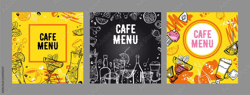 Set of cafe menu cover design templates. Vector outline hand drawn ...
