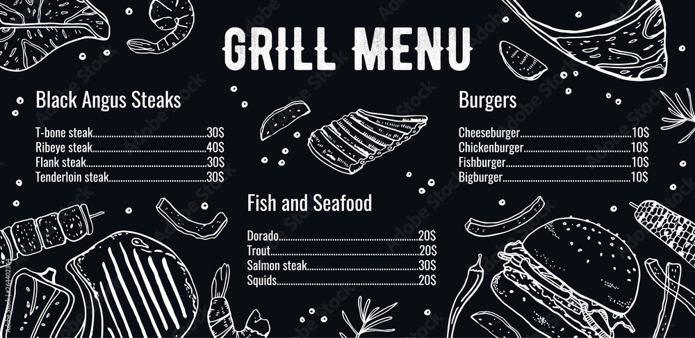 Grill menu horizontal design template with list of meat, fish and ...