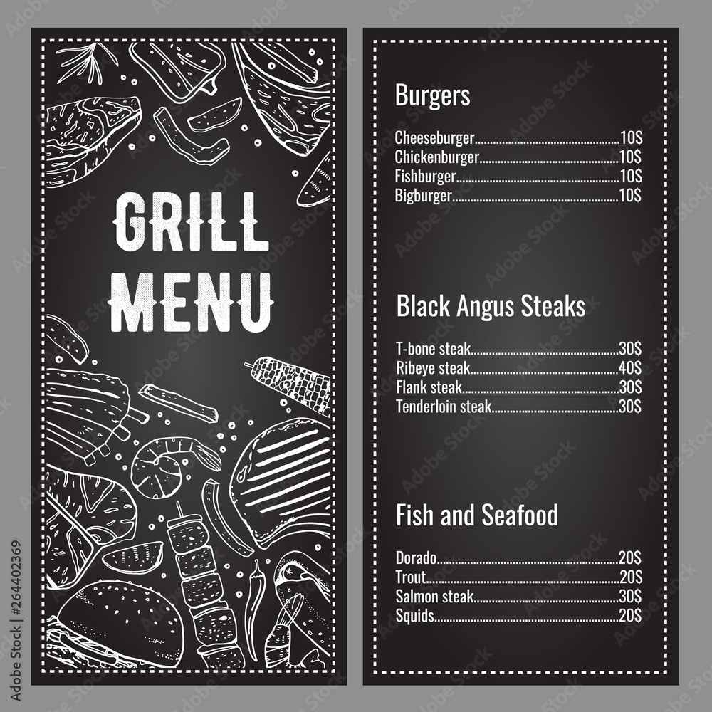 Grill menu two page design template with list of meat, fish and burgers ...