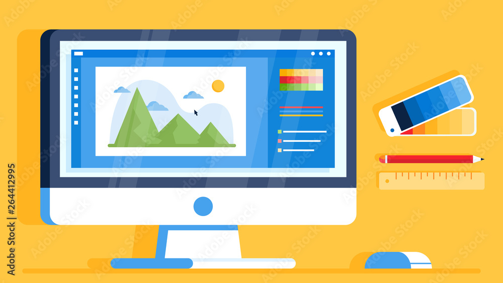 Graphic designer work place. Computer screen with illustrator program ...