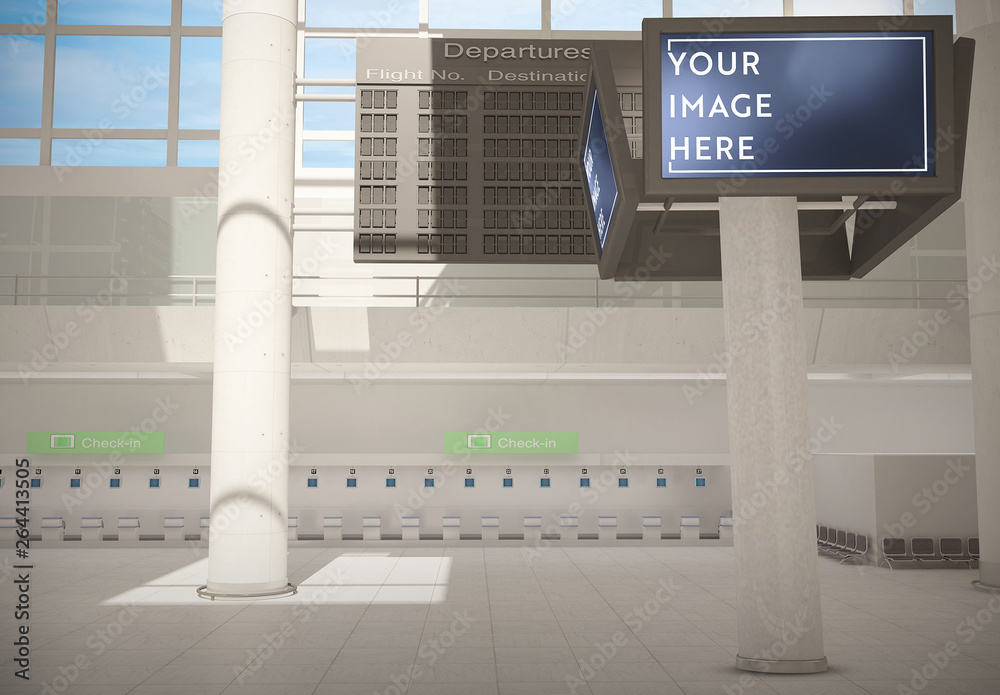 Airport Terminal with Digital Signs Mockup Stock Template | Adobe Stock