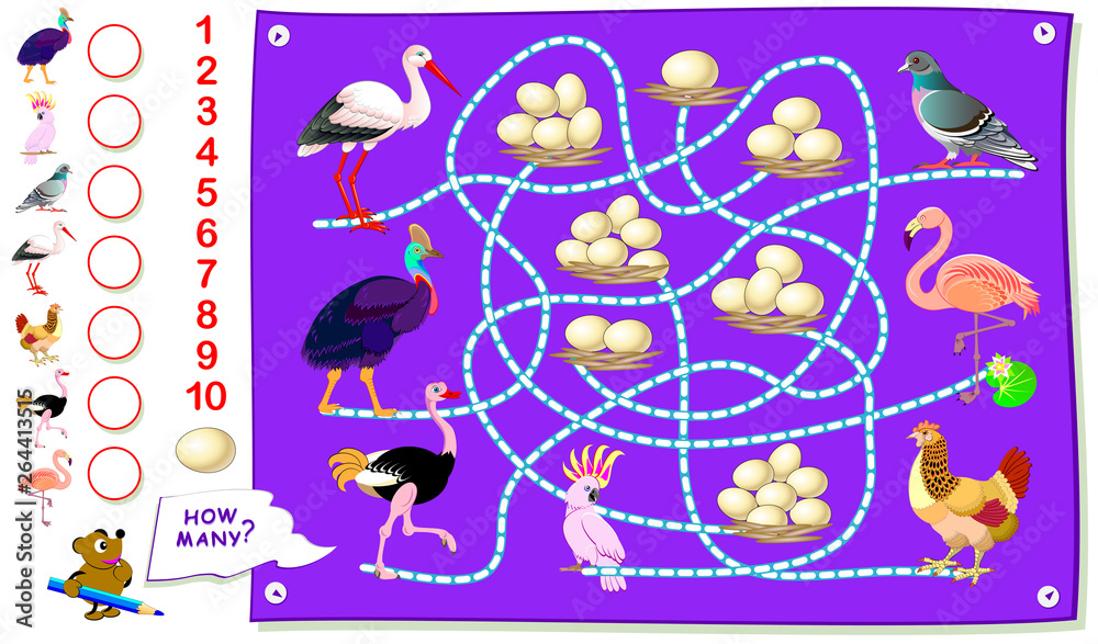 Printable educational page for kids. Count how many eggs each of birds ...