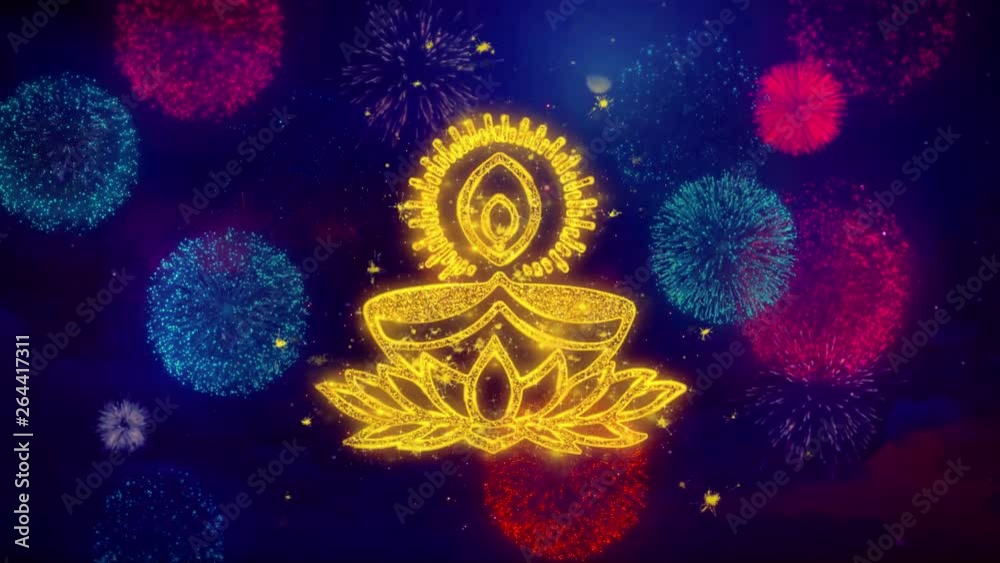 Deepak Diya Lamp Greeting Text with Particles and Sparks Colored Bokeh ...