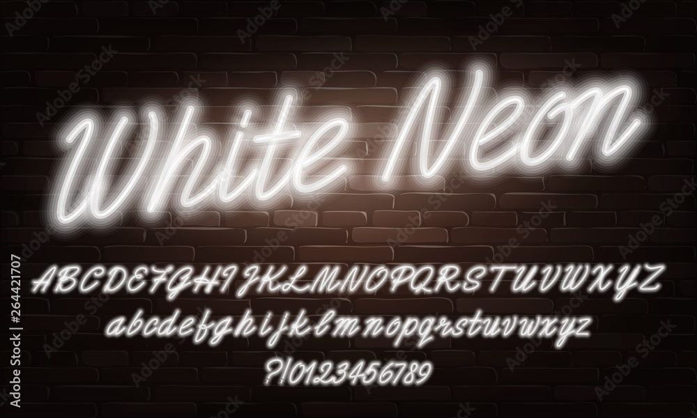 White Neon script alphabet font. Neon color lowercase and uppercase ...